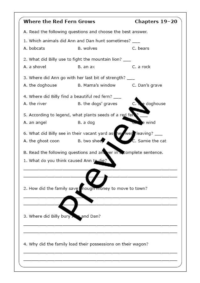 Wilson Rawls "Where the Red Fern Grows" worksheets | Made By Teachers