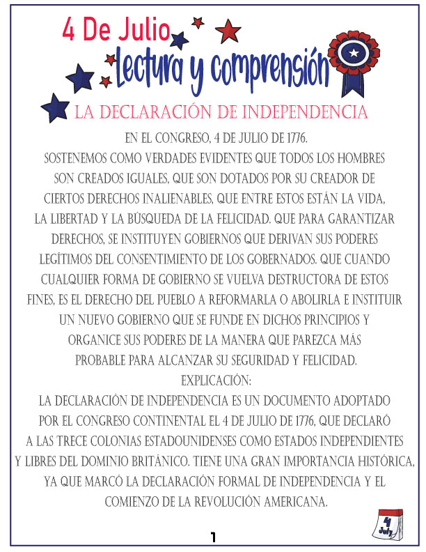 4th Of July Reading & Comprehension in Spanish| 4 De Julio Lectura y ...