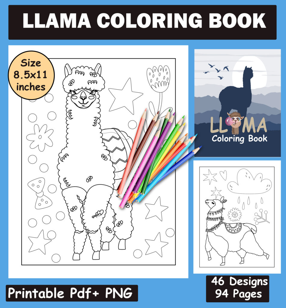 Printable Llama coloring book for kids - 46 Unique llama illustrations ...