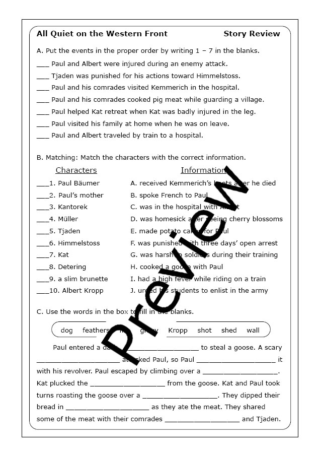Erich Marie Remarque "All Quiet on the Western Front" worksheets | Made ...