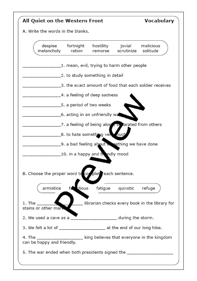 Erich Marie Remarque "All Quiet on the Western Front" worksheets | Made ...
