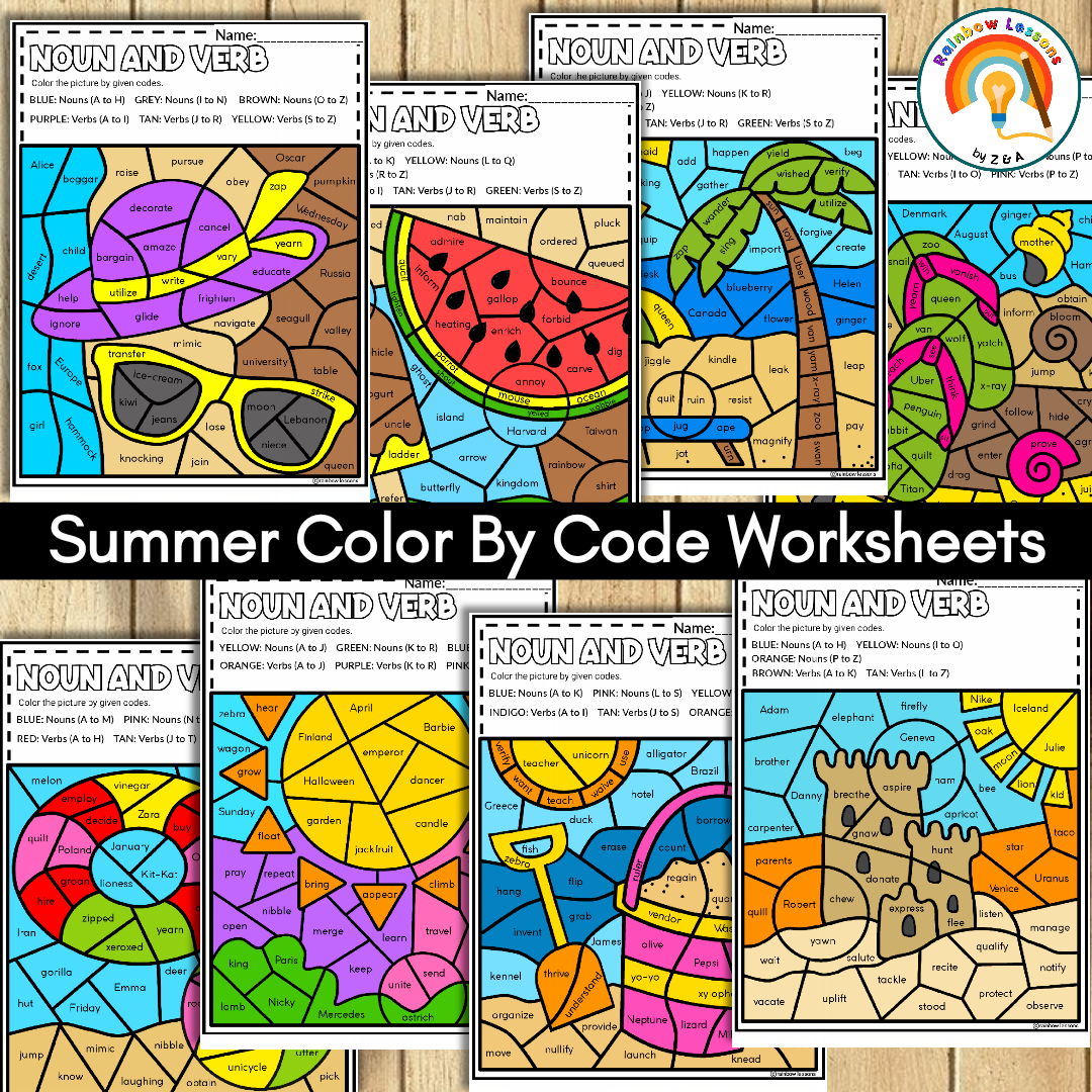Summer Color By Code | Summer Coloring Pages | Noun and Verb Sort ...