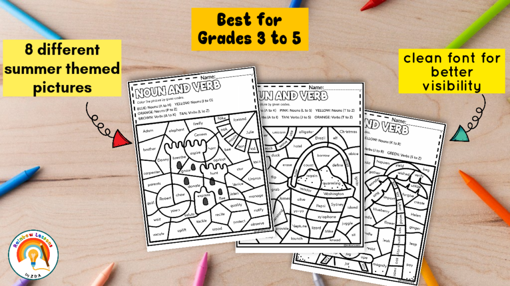 Summer Color By Code | Summer Coloring Pages | Noun and Verb Sort ...