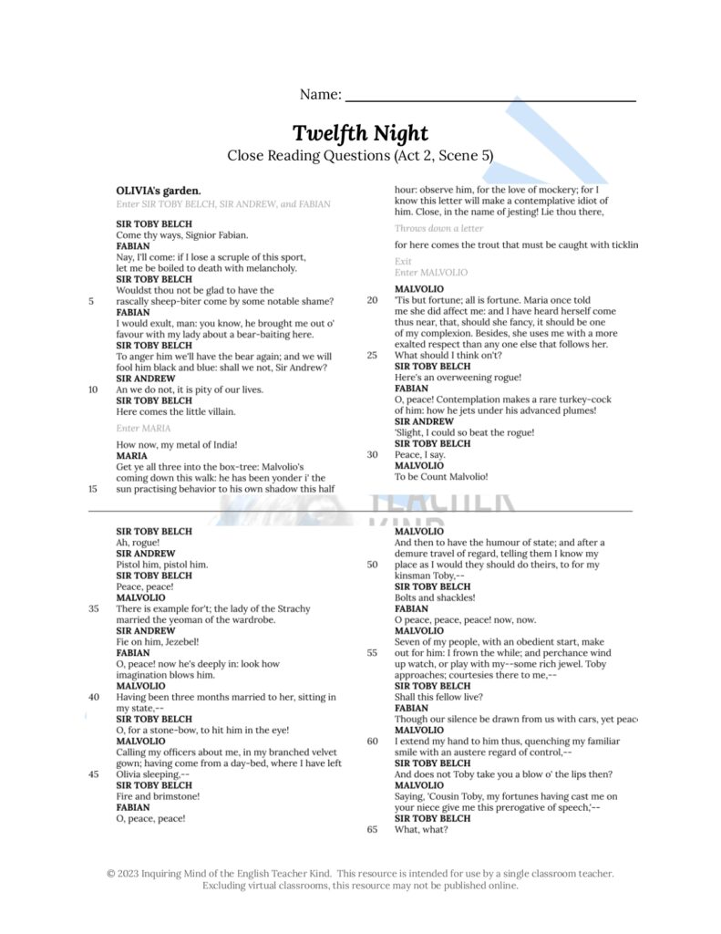 Twelfth Night Act 2 Quiz and Close Reading Worksheets Bundle | Made By ...