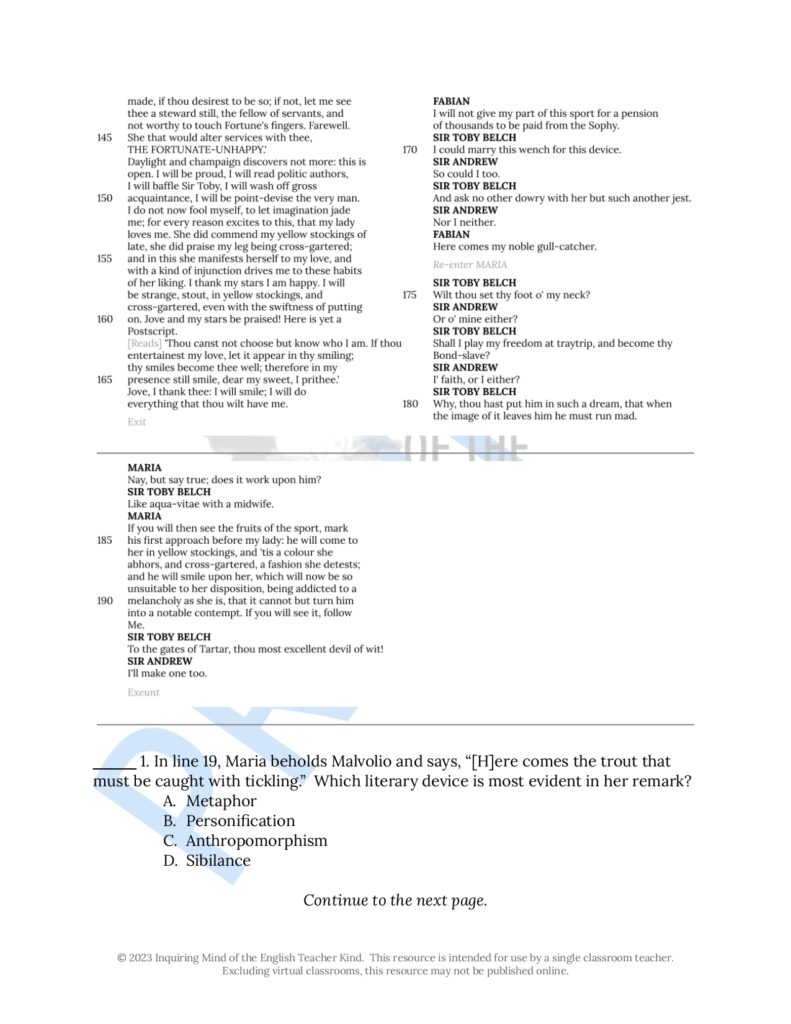 Twelfth Night Act 2 Quiz and Close Reading Worksheets Bundle | Made By ...