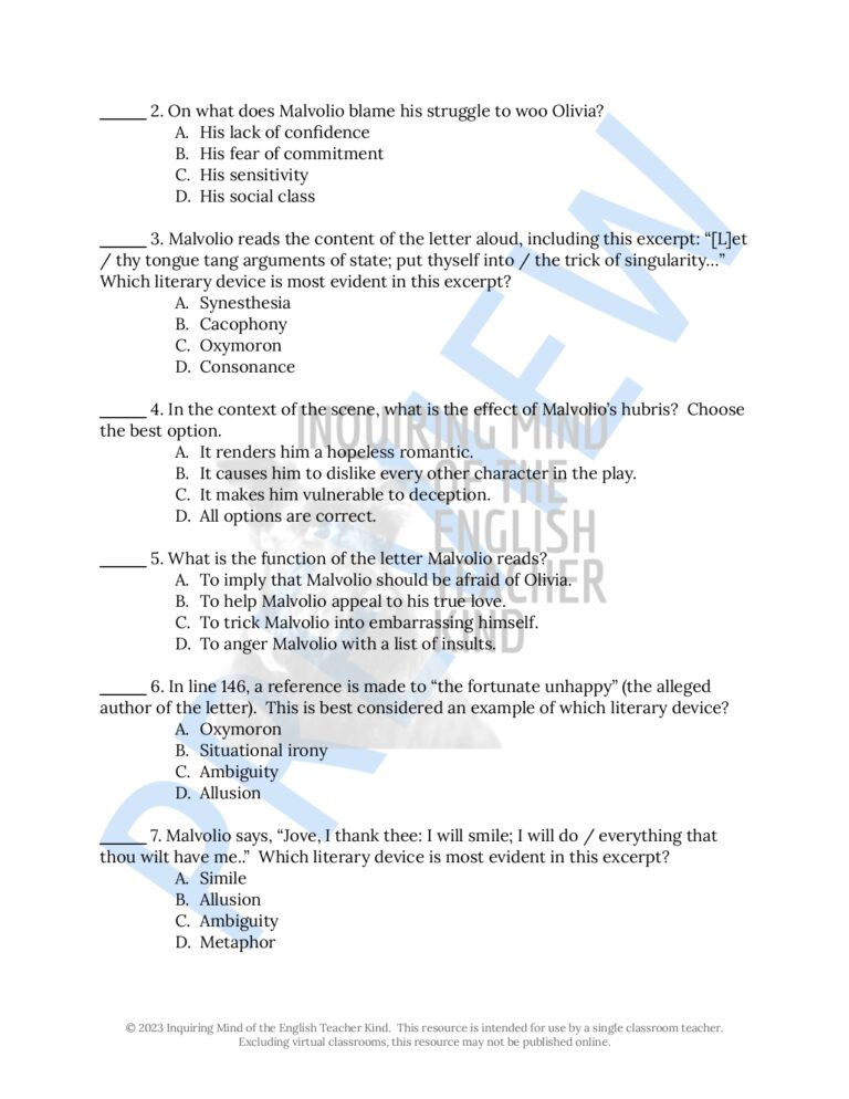 Twelfth Night Act 2 Quiz and Close Reading Worksheets Bundle | Made By ...