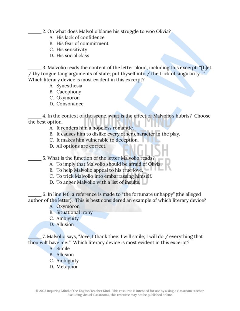 Twelfth Night Act 2 Quiz and Close Reading Worksheets Bundle | Made By ...