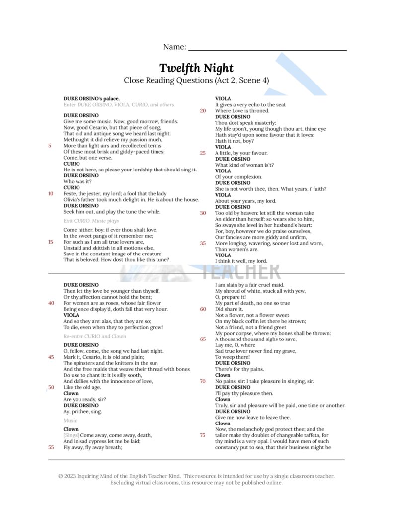 Twelfth Night Act 2 Quiz and Close Reading Worksheets Bundle | Made By ...