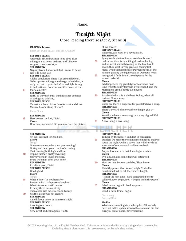 Twelfth Night Act 2 Quiz and Close Reading Worksheets Bundle | Made By ...