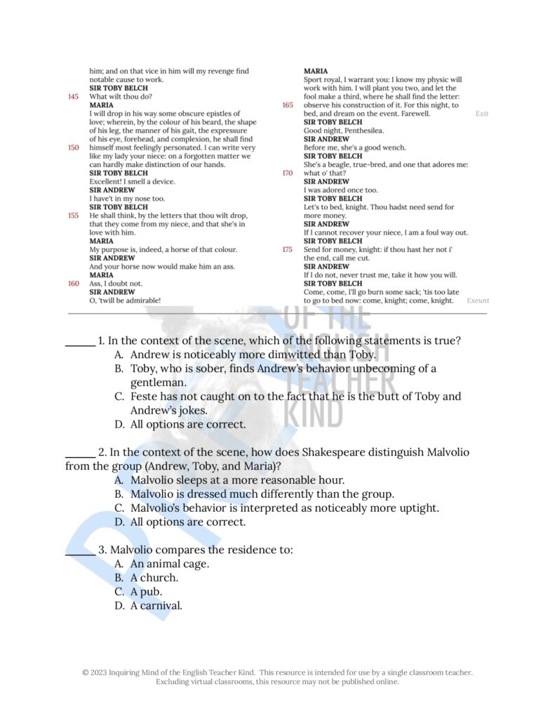 Twelfth Night Act 2 Quiz and Close Reading Worksheets Bundle | Made By ...