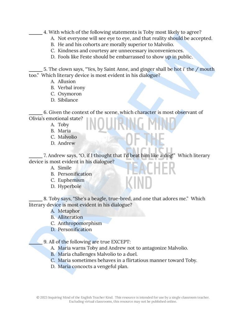 Twelfth Night Act 2 Quiz and Close Reading Worksheets Bundle | Made By ...