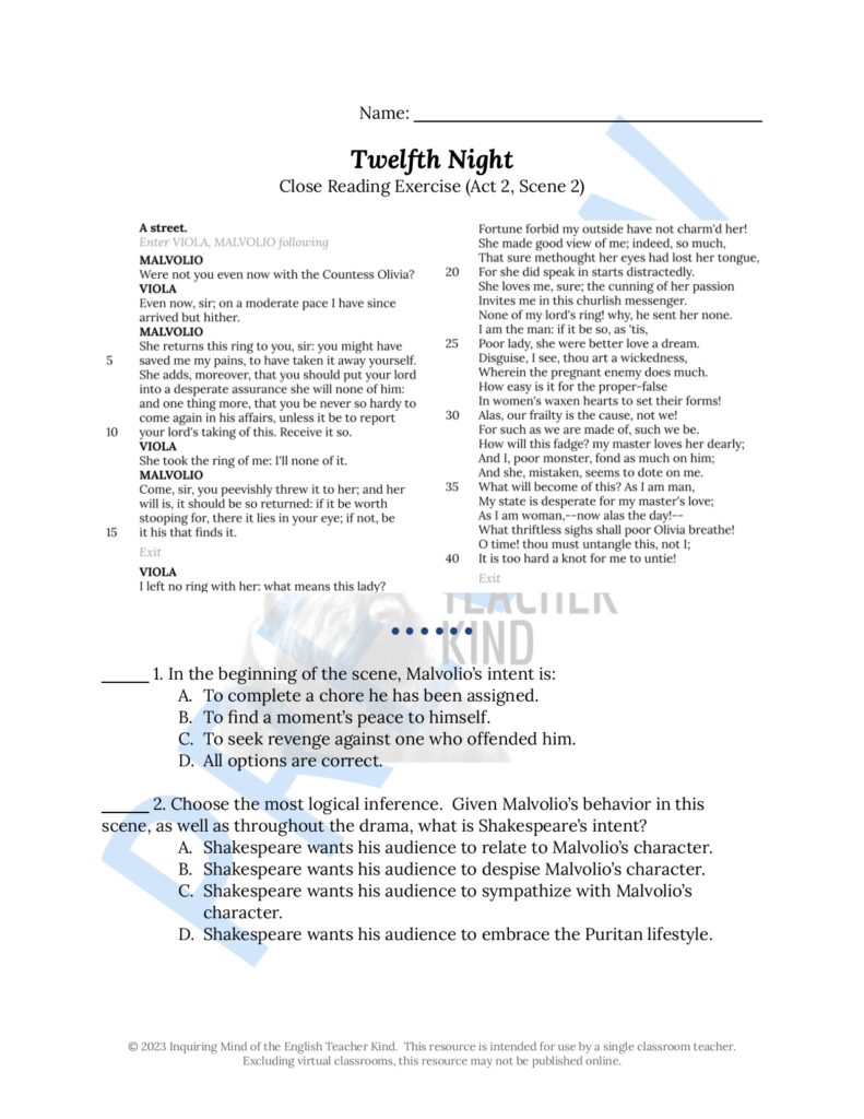 Twelfth Night Act 2 Quiz and Close Reading Worksheets Bundle | Made By ...