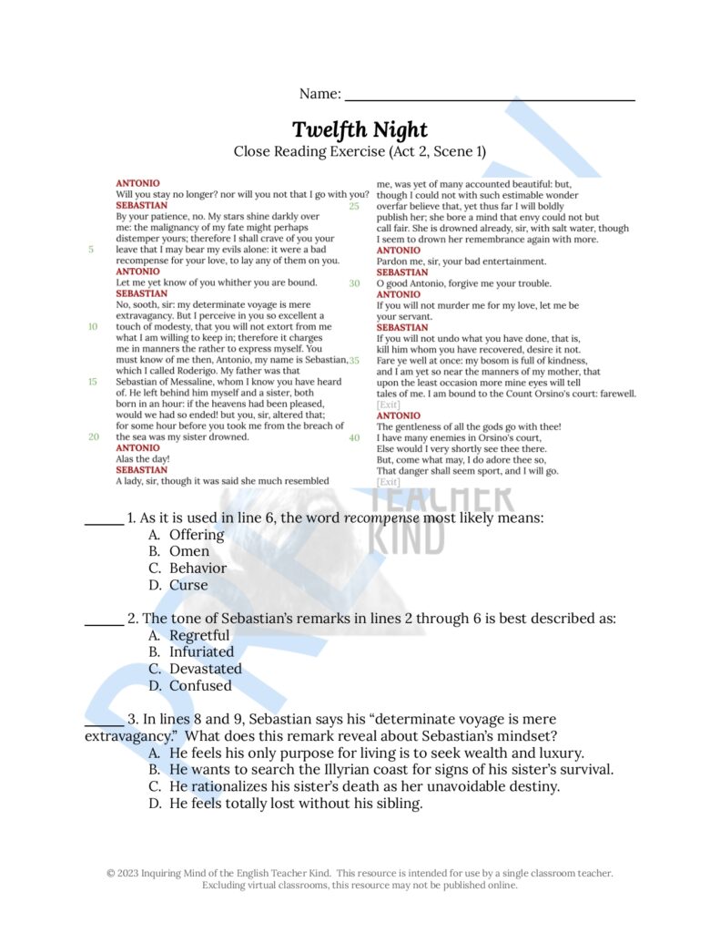 Twelfth Night Act 2 Quiz and Close Reading Worksheets Bundle | Made By ...