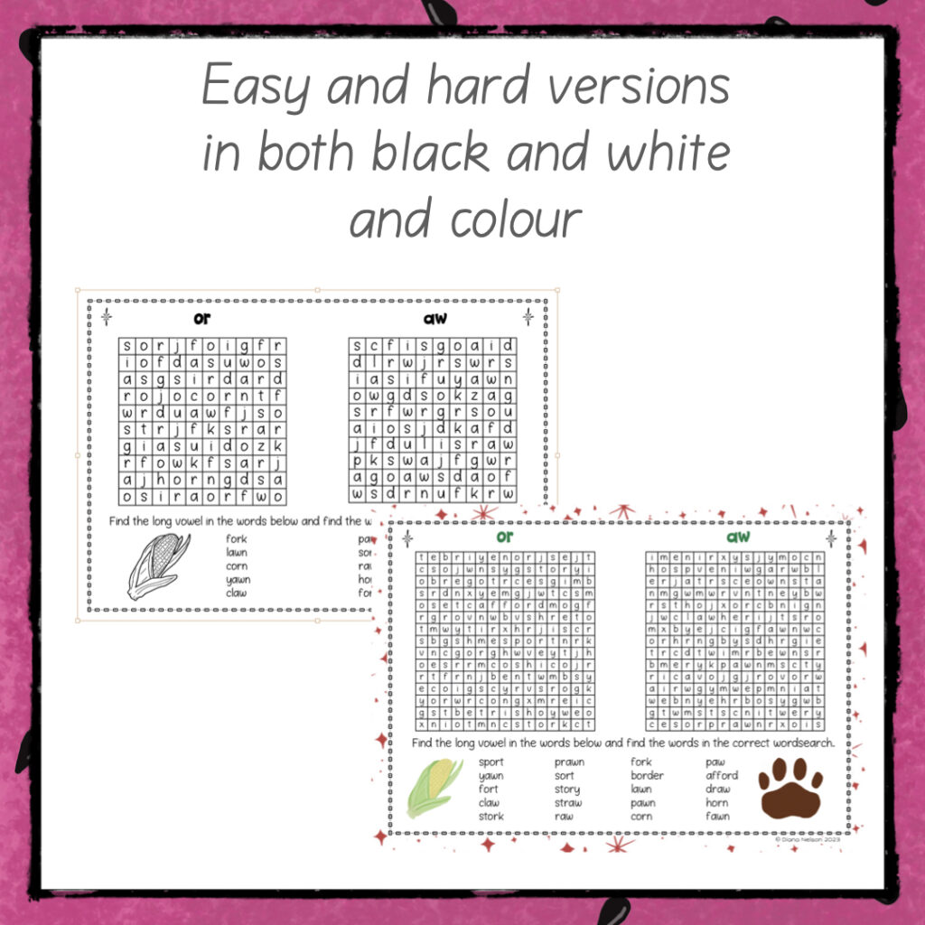 or-aw wordsearch sort - long vowel literacy worksheets - free! | Made ...