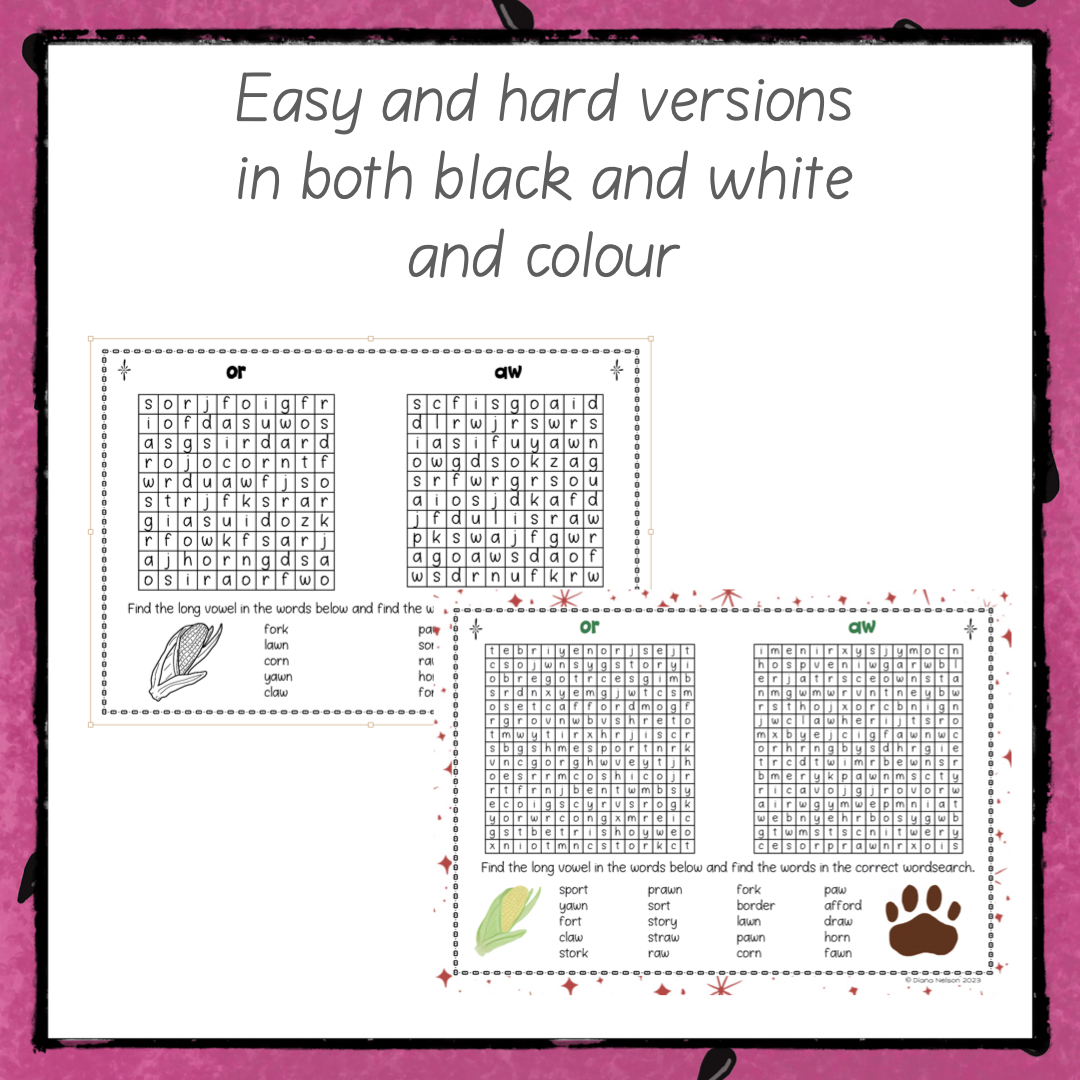 or-aw wordsearch sort - long vowel literacy worksheets - free! | Made ...