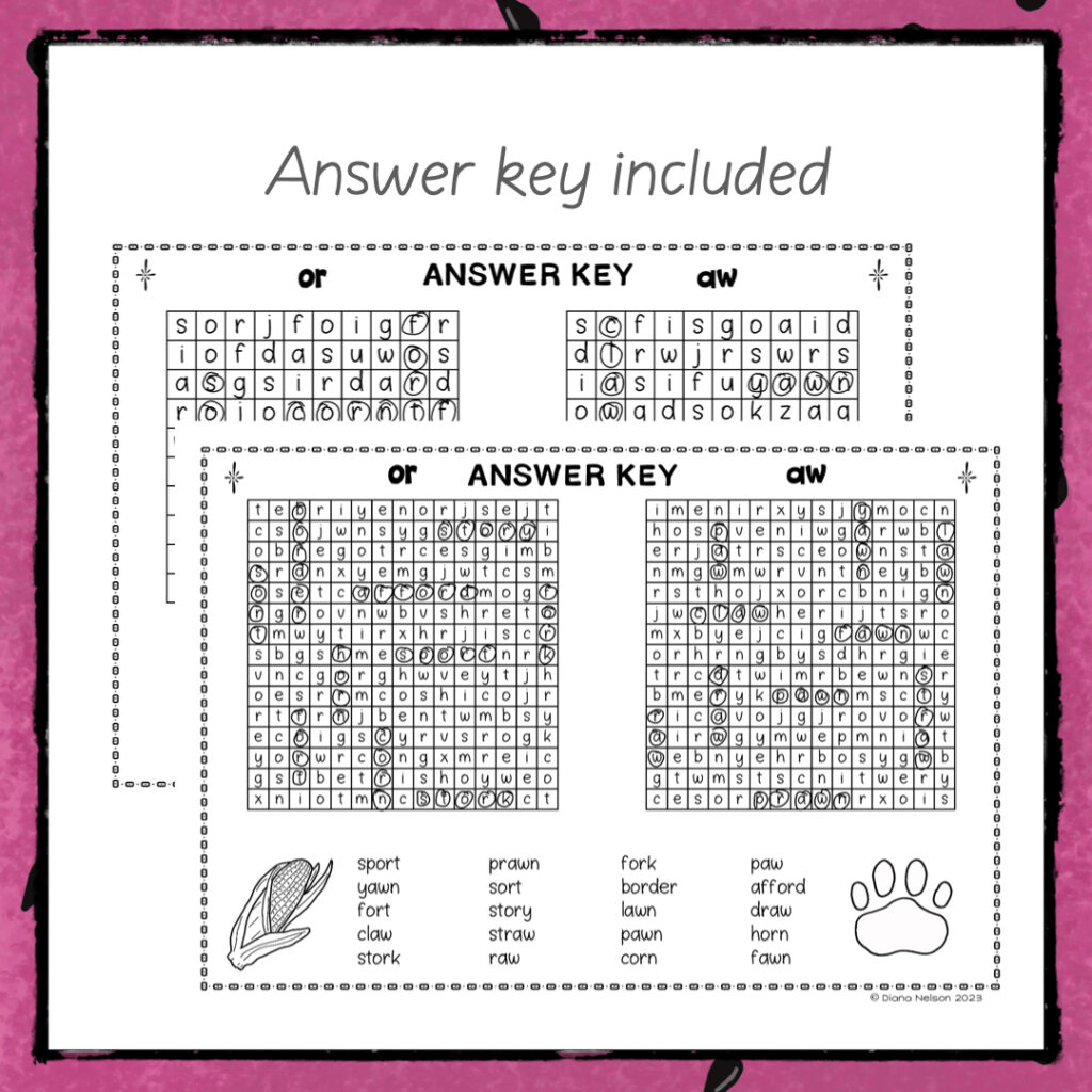 or-aw wordsearch sort - long vowel literacy worksheets - free! | Made ...