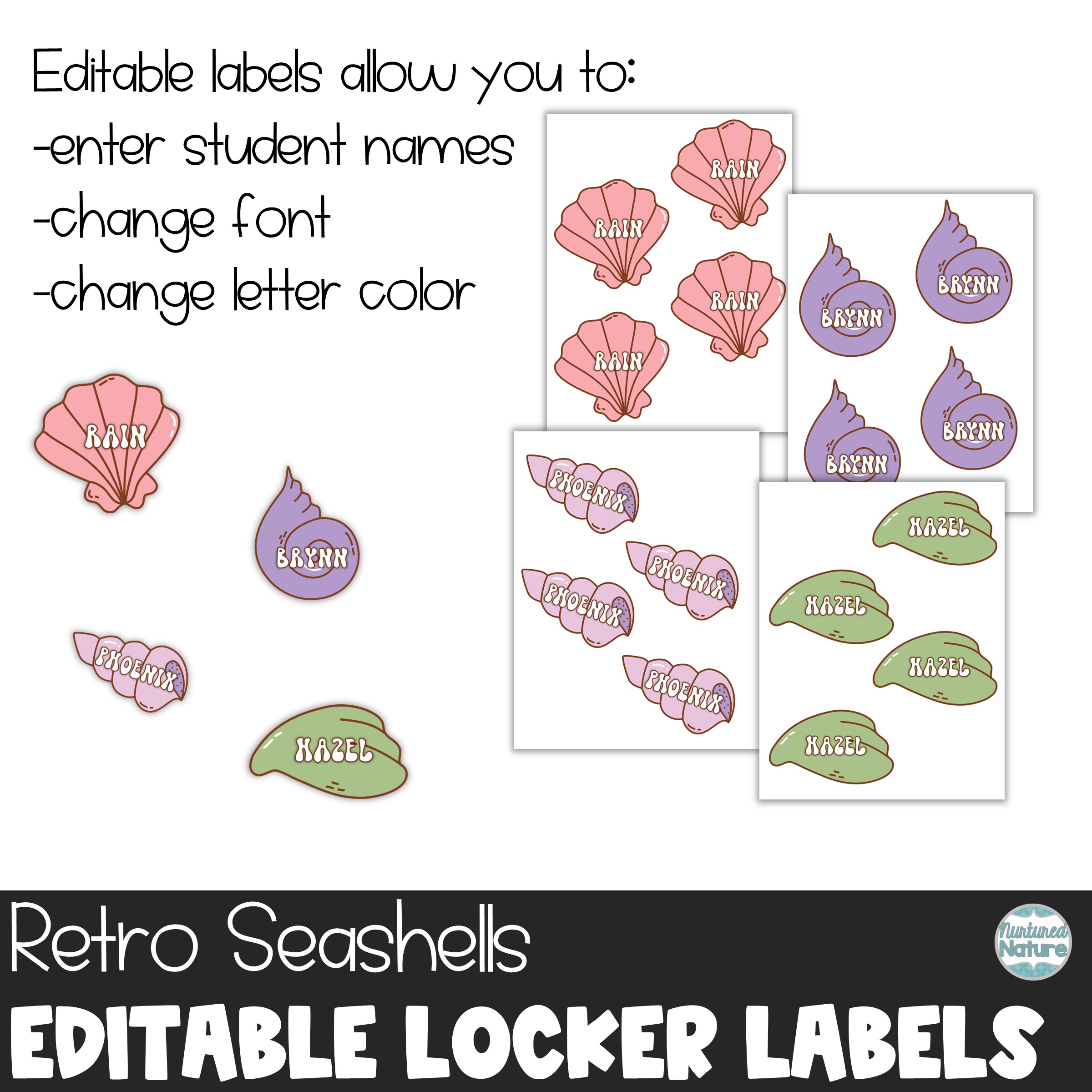 Editable Name Tags- Retro Seashell Cubby or Locker Labels for Summer ...
