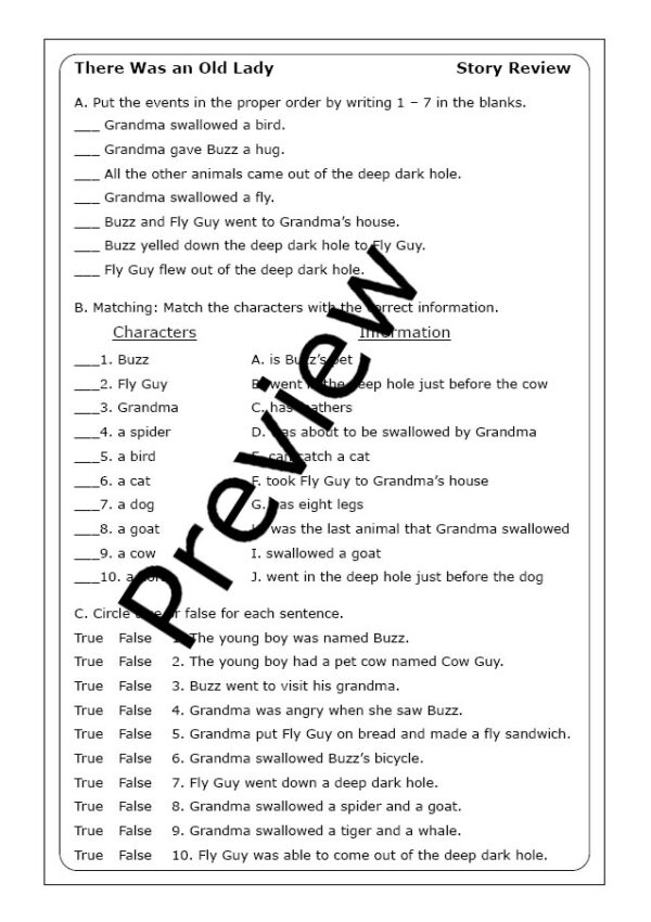 "There Was an Old Lady Who Swallowed Fly Guy" (Book #4) worksheets ...