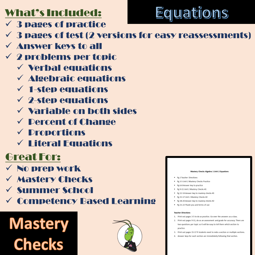 Algebra 1 Mastery Checks | Summer School | Competency Based | Unit 2 ...