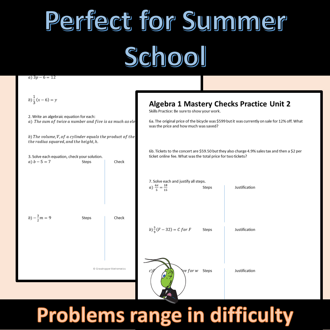 Algebra 1 Mastery Checks | Summer School | Competency Based | Unit 2 ...