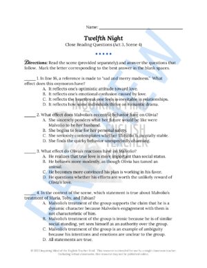 Twelfth Night Act 3 Quiz and Close Reading Worksheets Bundle | Made By ...