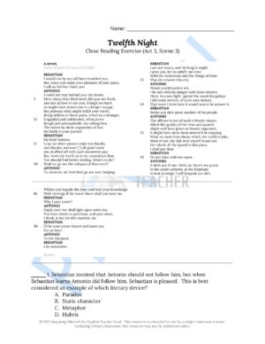 Twelfth Night Act 3 Quiz and Close Reading Worksheets Bundle | Made By ...