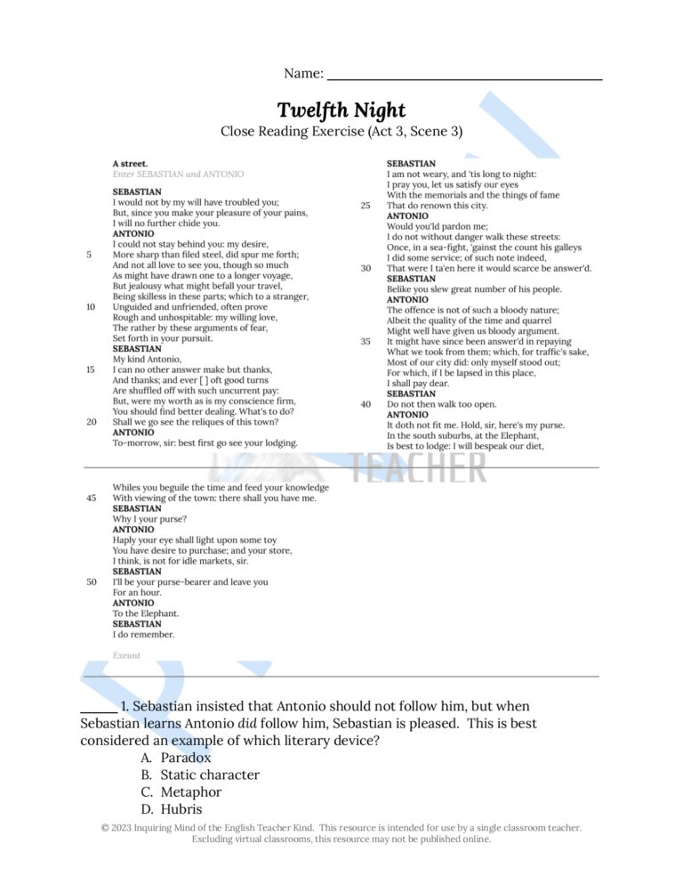 Twelfth Night Act 3 Quiz and Close Reading Worksheets Bundle | Made By ...