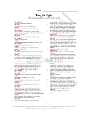 Twelfth Night Act 3 Quiz and Close Reading Worksheets Bundle | Made By ...