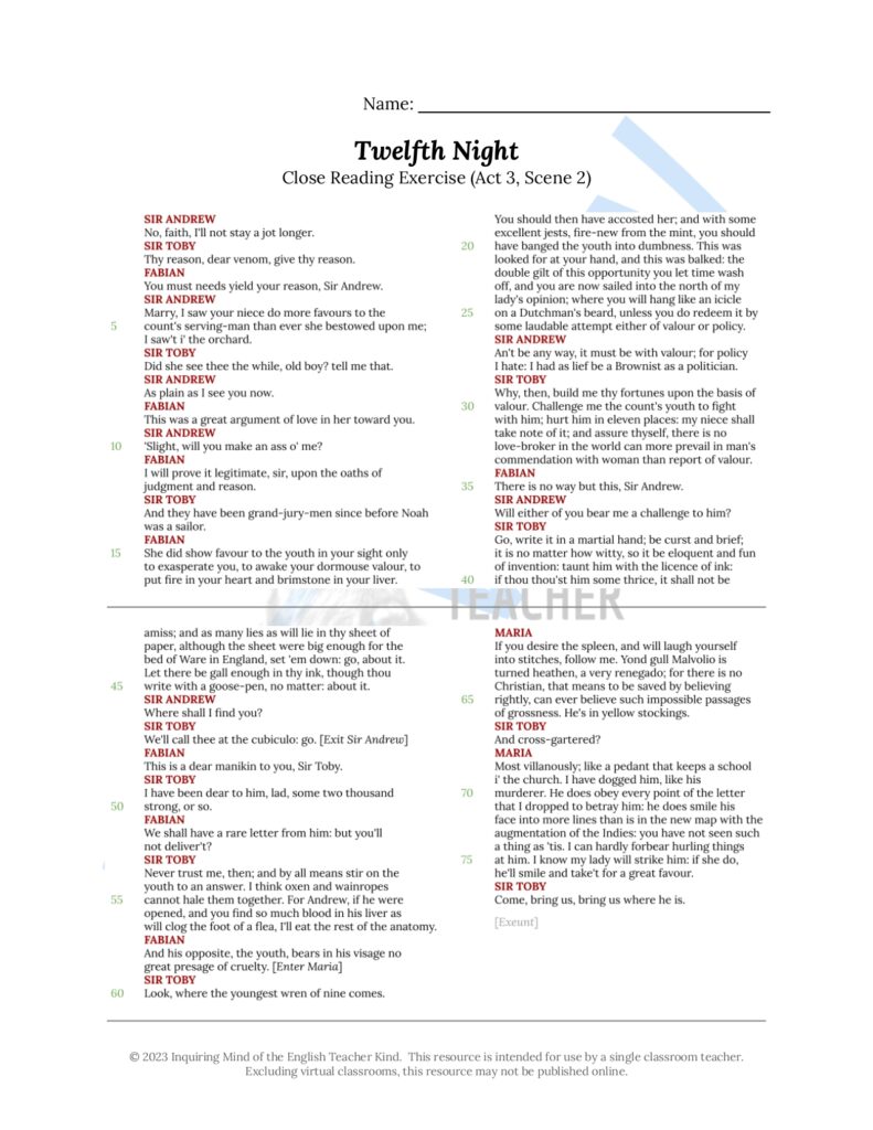 Twelfth Night Act 3 Quiz and Close Reading Worksheets Bundle | Made By ...