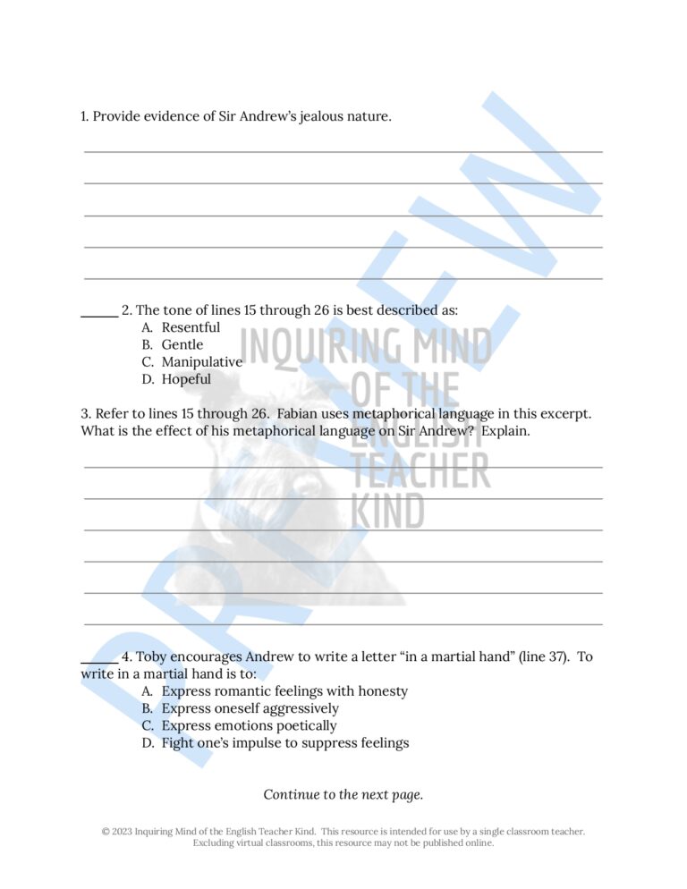 Twelfth Night Act 3 Quiz and Close Reading Worksheets Bundle | Made By ...