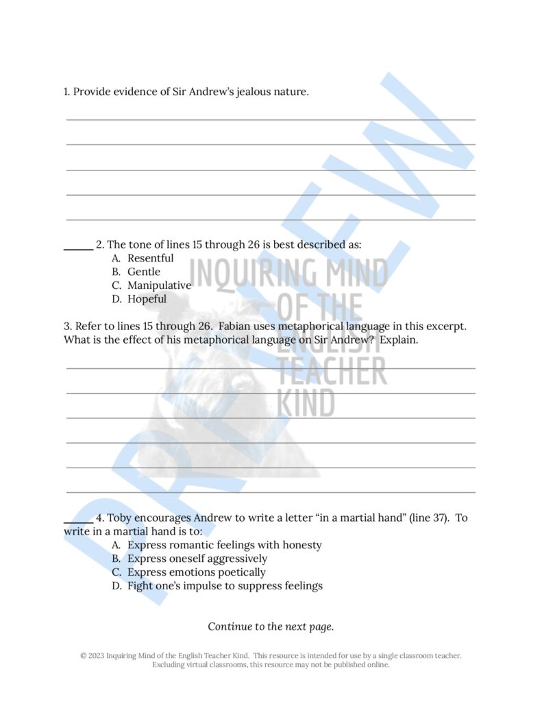 Twelfth Night Act 3 Quiz and Close Reading Worksheets Bundle | Made By ...