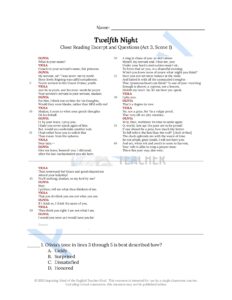 Twelfth Night Act 3 Quiz, Close Reading Worksheets, and Vocabulary ...