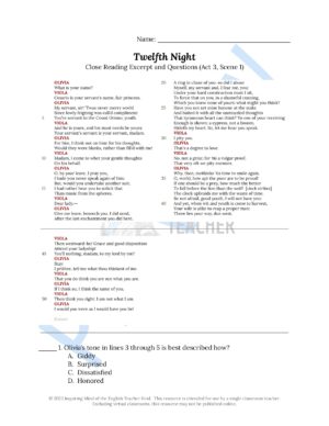 Twelfth Night Act 3 Quiz and Close Reading Worksheets Bundle | Made By ...