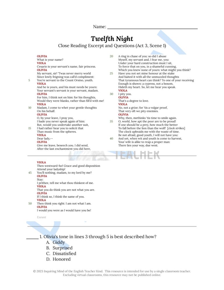 Twelfth Night Act 3 Quiz and Close Reading Worksheets Bundle | Made By ...