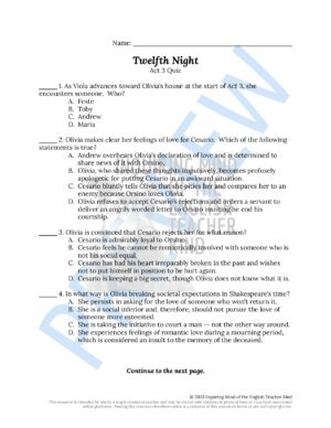 Twelfth Night Act 3 Quiz and Close Reading Worksheets Bundle | Made By ...