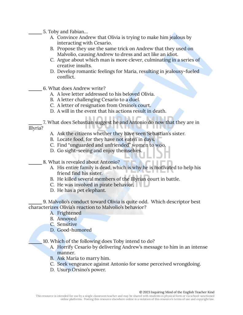 Twelfth Night Act 3 Quiz and Close Reading Worksheets Bundle | Made By ...