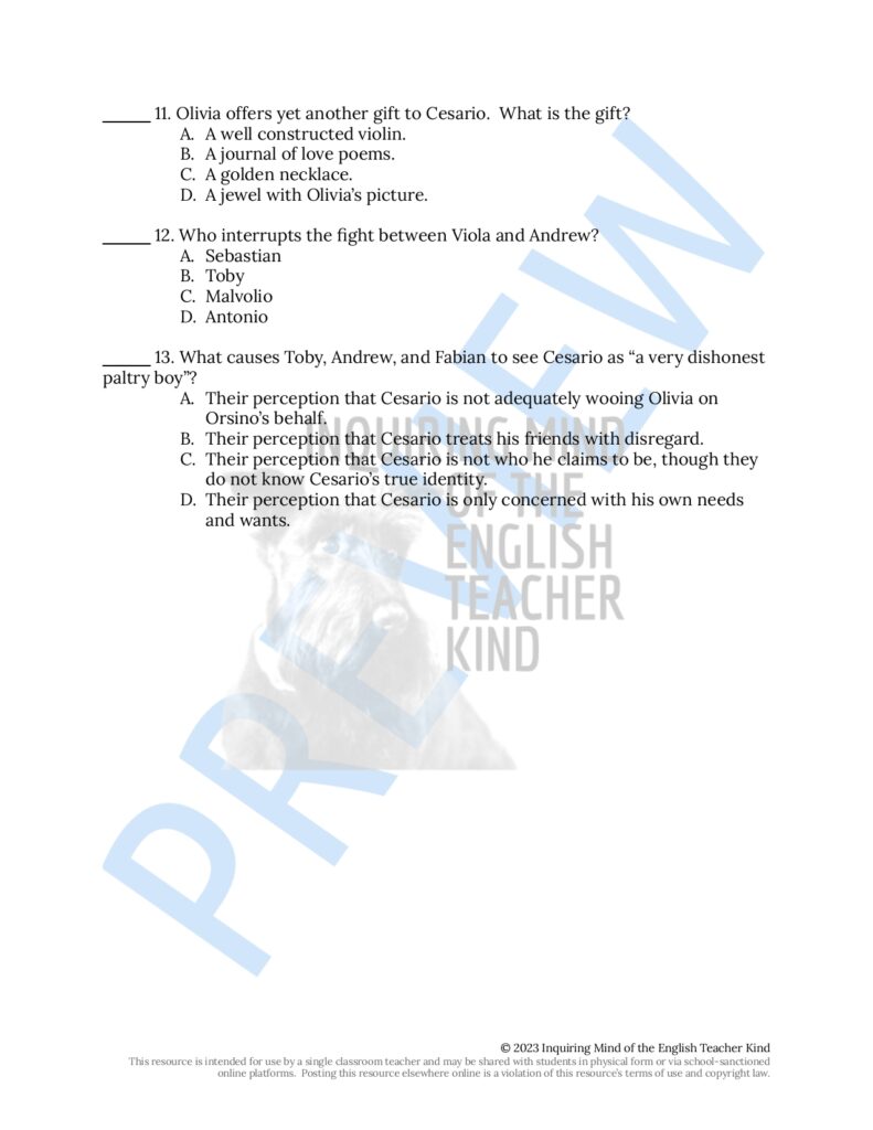 Twelfth Night Act 3 Quiz and Close Reading Worksheets Bundle | Made By ...