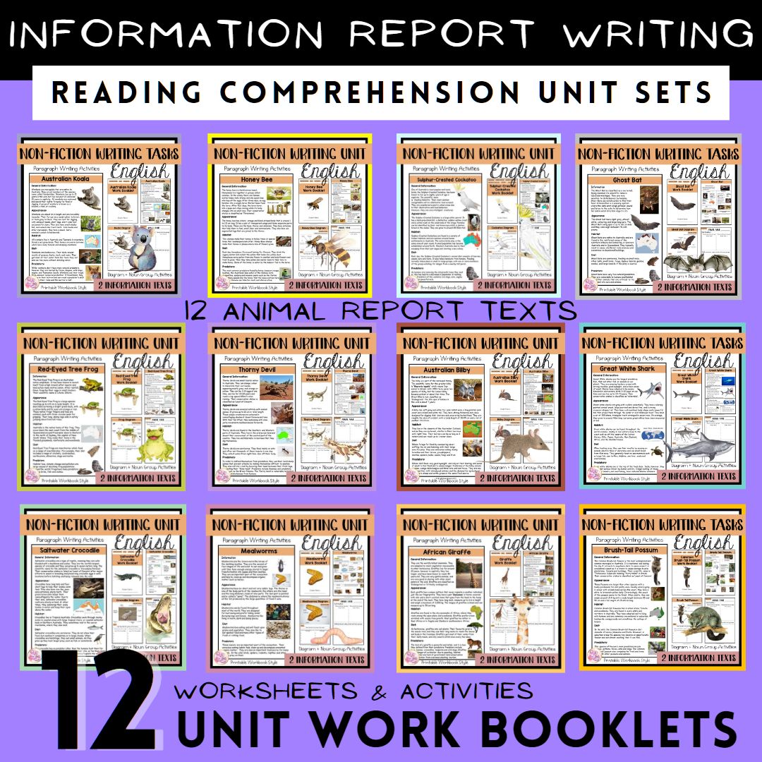 12 Animal Information Texts, Report Writing & Reading Analysis Workbook ...