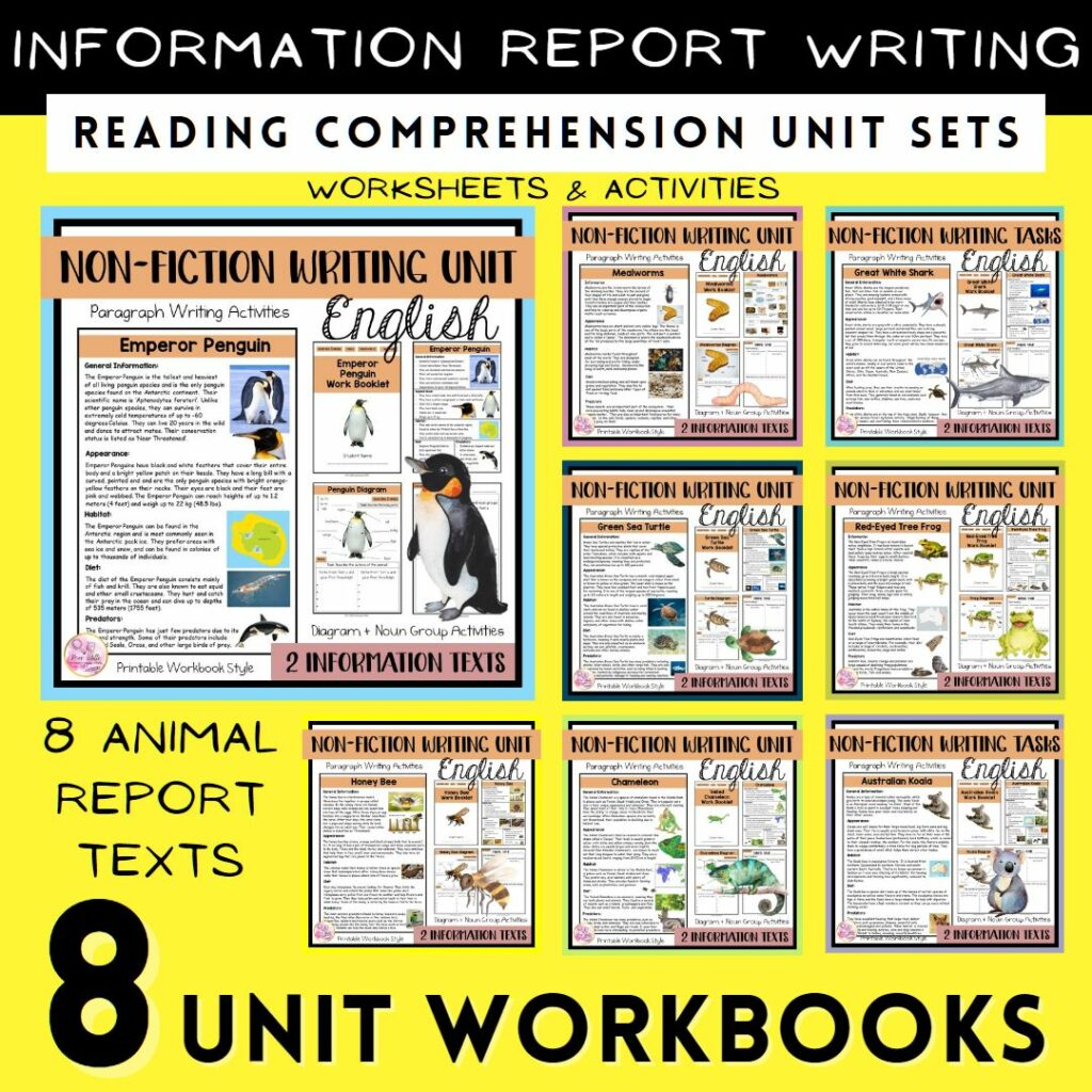 8 Animal Information Texts, Report Writing & Reading Analysis Workbook Bundle | Made By Teachers