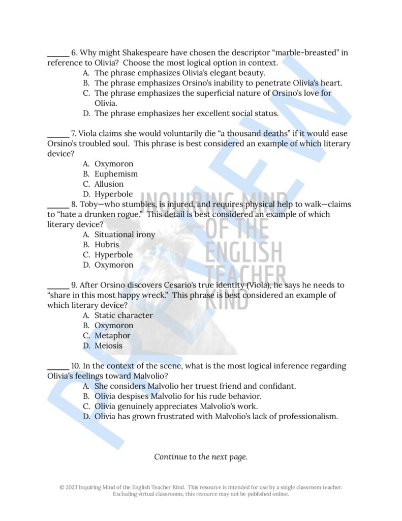 Twelfth Night Acts 4 and 5 Quiz and Close Reading Worksheets Bundle ...