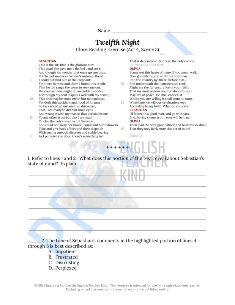 Twelfth Night Acts 4 and 5 Quiz and Close Reading Worksheets Bundle ...