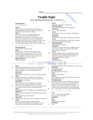 Twelfth Night Acts 4 and 5 Quiz and Close Reading Worksheets Bundle ...