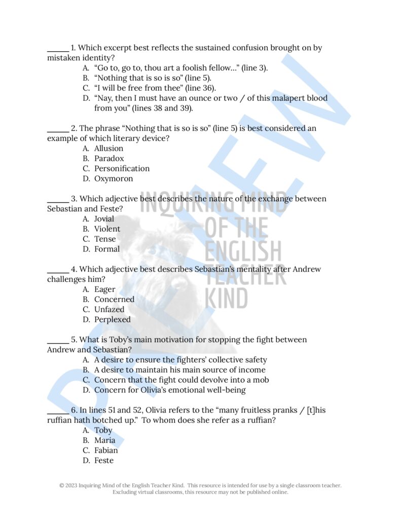 Twelfth Night Acts 4 and 5 Quiz and Close Reading Worksheets Bundle ...