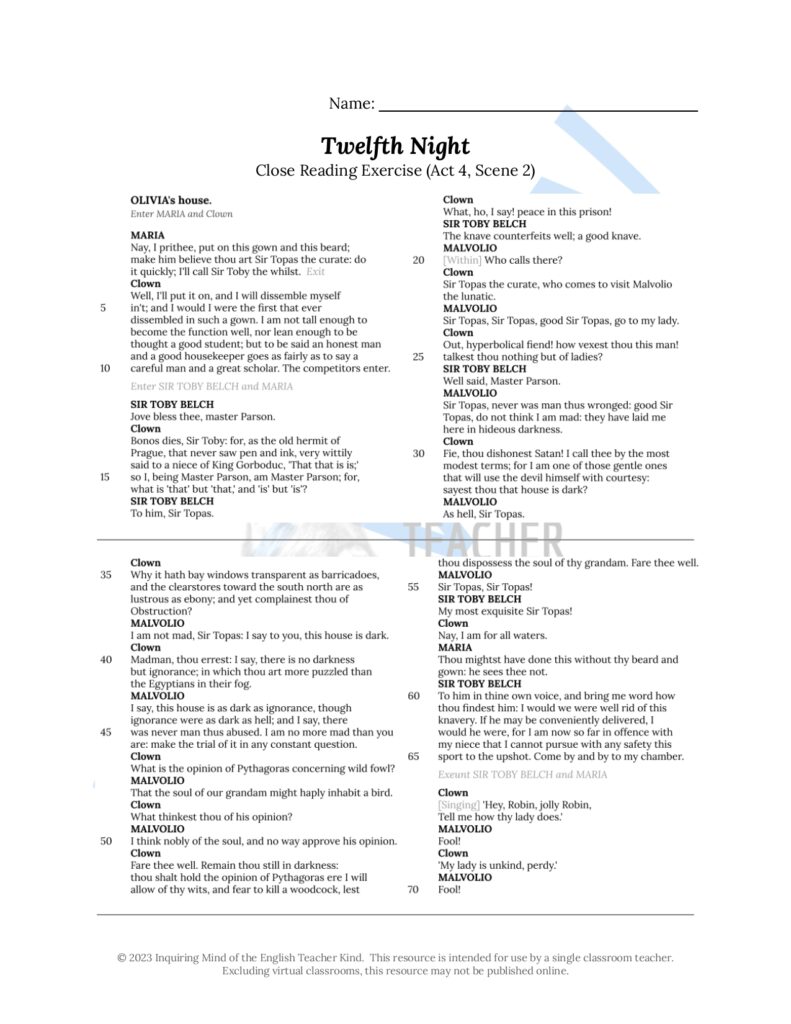 Twelfth Night Close Reading Analysis Worksheets Bundle with Answer Keys ...