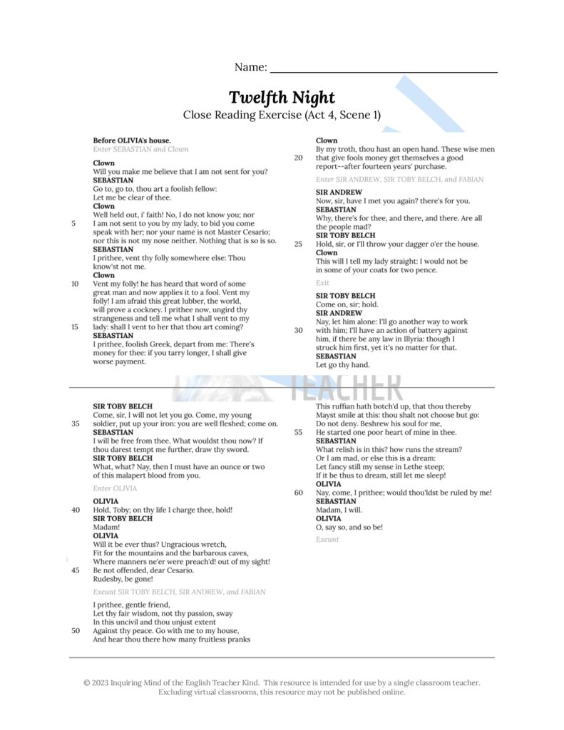 Twelfth Night Close Reading Analysis Worksheets Bundle with Answer Keys ...