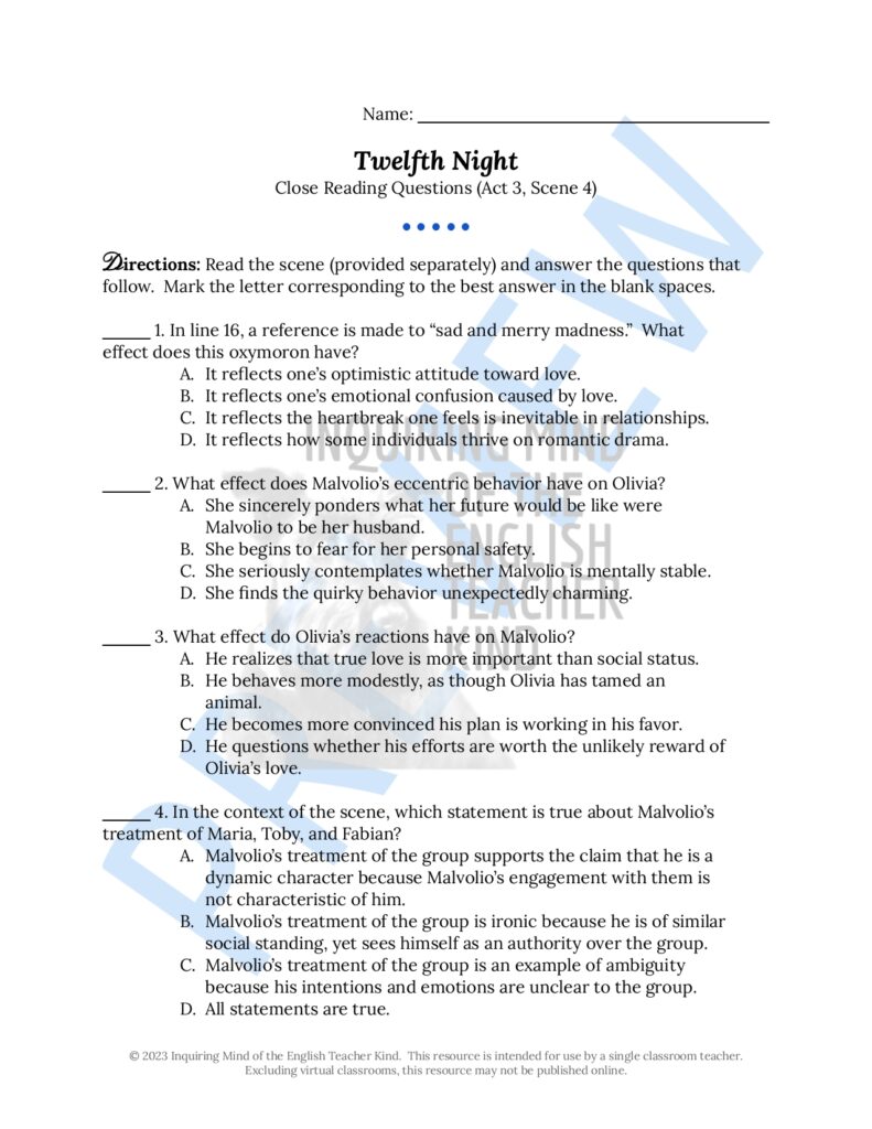 Twelfth Night Close Reading Analysis Worksheets Bundle with Answer Keys ...