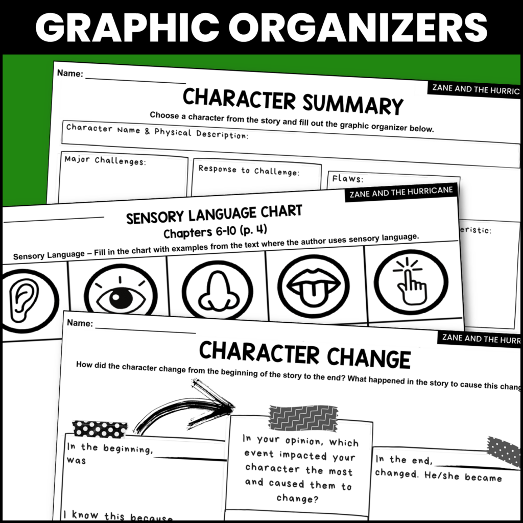 Zane and the Hurricane Novel Study Reader Response & Graphic Organizers ...