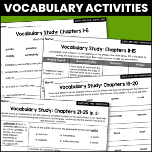 Zane and the Hurricane Novel Study Vocabulary Activities and Quizzes ...