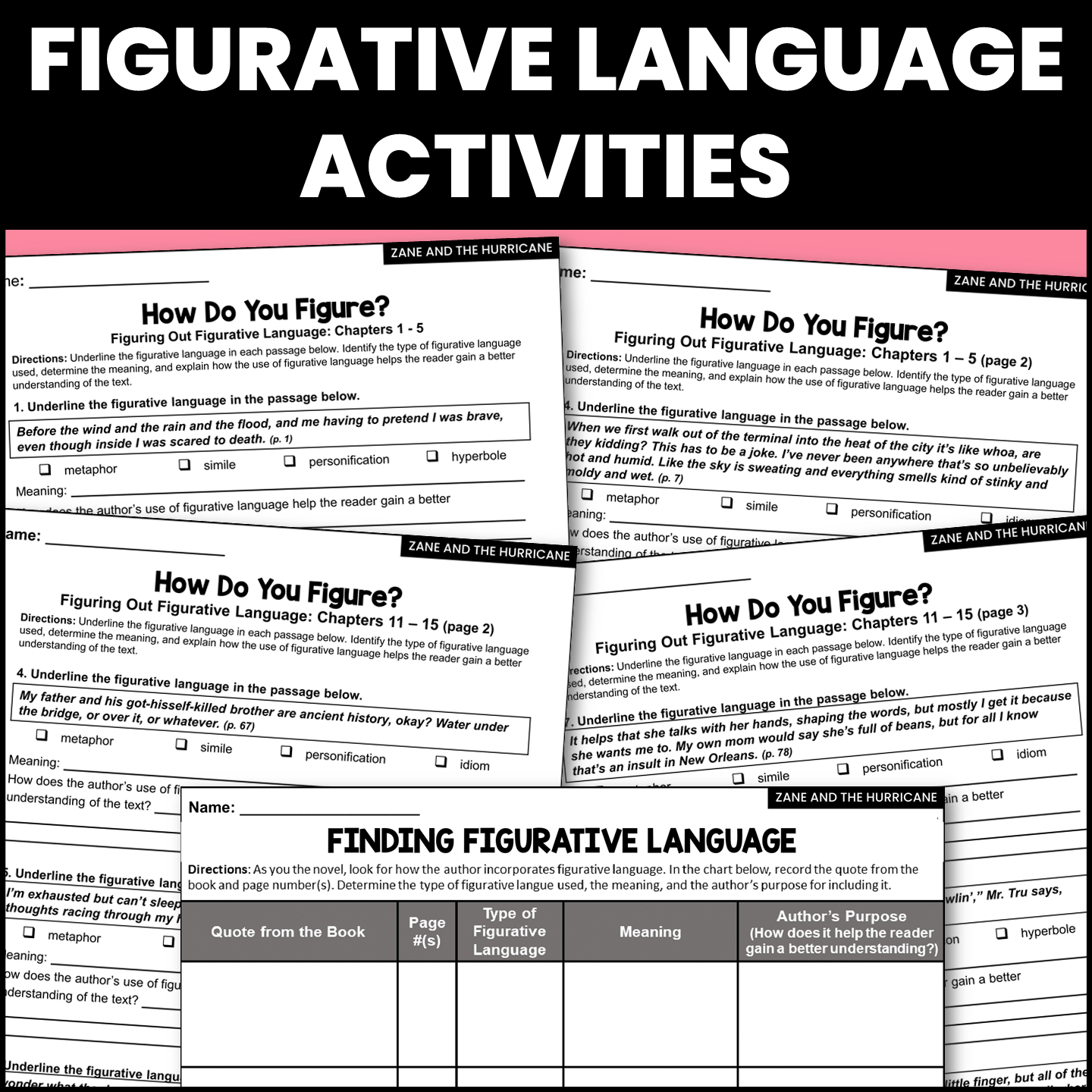 Zane and the Hurricane Novel Study Figurative Language Activities ...