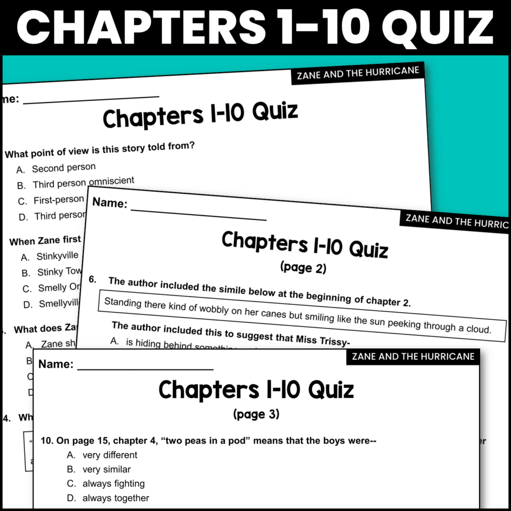 Zane and the Hurricane Novel Study Quiz for Chapters 1-10 | Made By ...